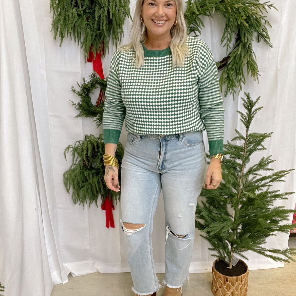 Green Checker Stripe Sweater – The Silo Boutique