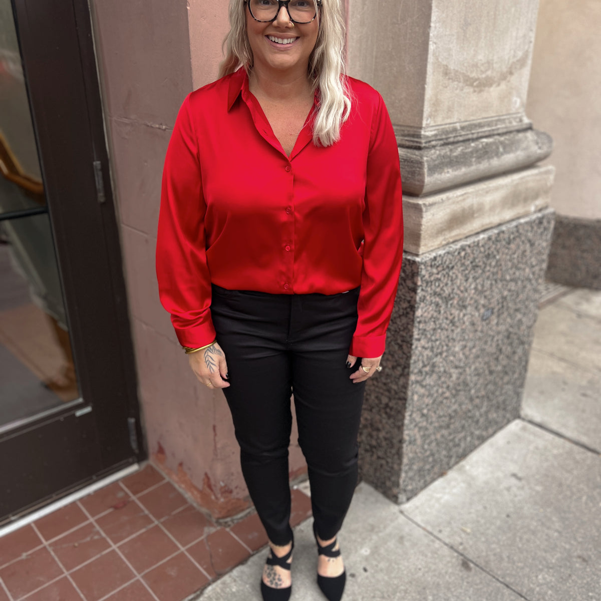 Ruby Red Satin Button Down Top – The Silo Boutique